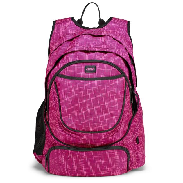Large pink backpack with many pockets and ergonomic back support.