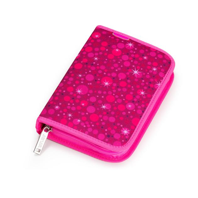 Neon pink pencil case with one zip, flap and ergonomic writing utensils